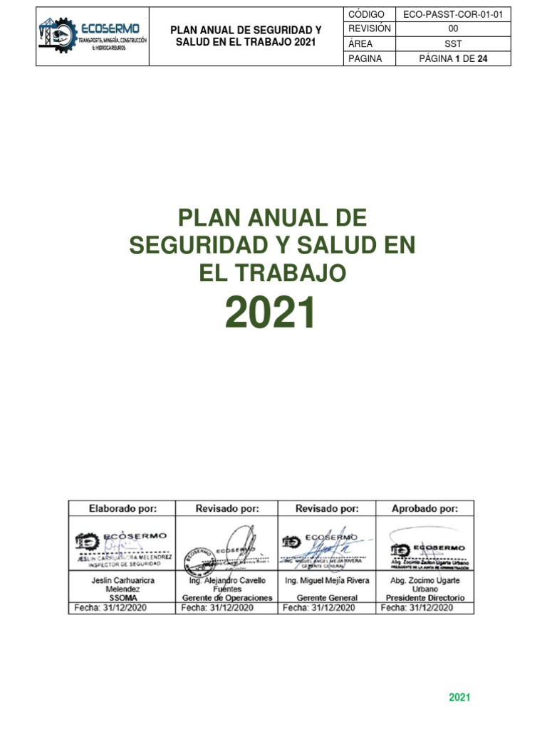 ECO-PASST-COR-01-01 Plan Anual de Seguridad y Salud en El Trabajo 2021 | PDF | Seguridad y salud ...