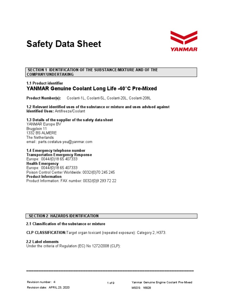 Yanmar Genuine Long Life Coolant SDS | PDF | Dangerous Goods | Toxicity