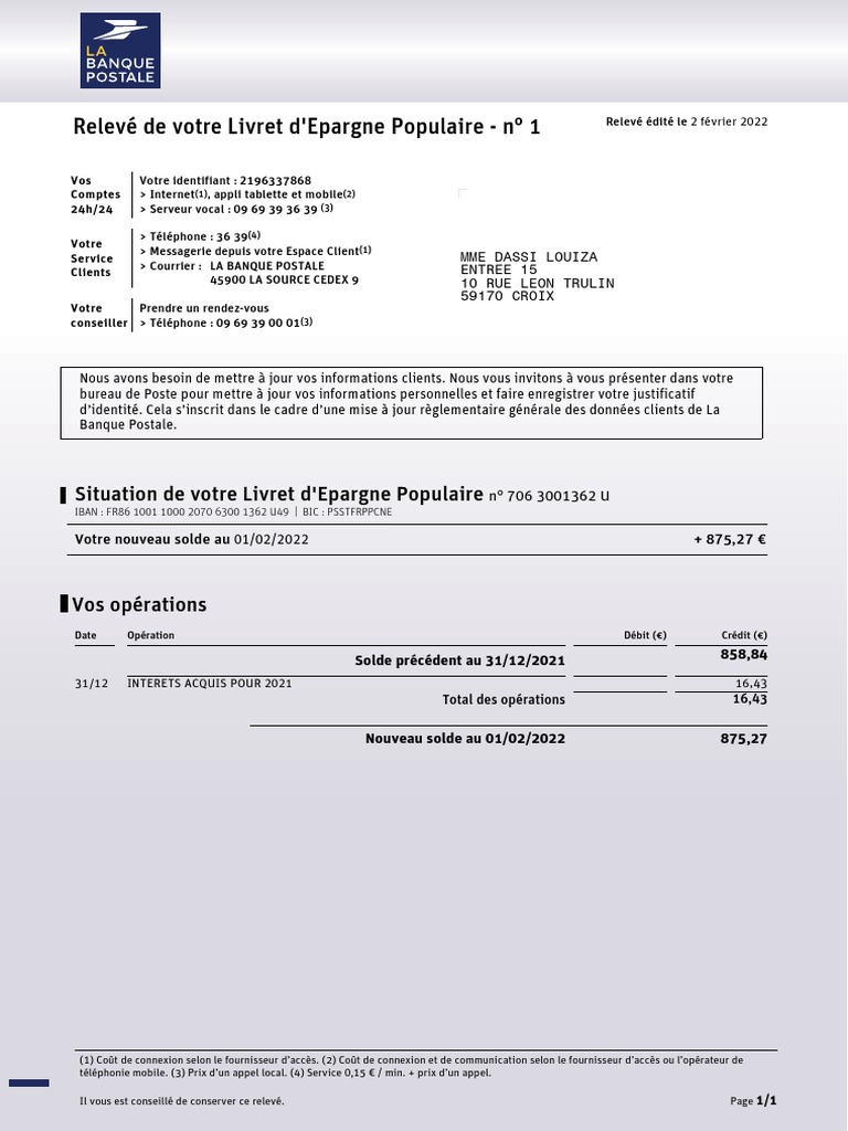Releve LEP7063001362U 20220201 | PDF | Banques | Système postal