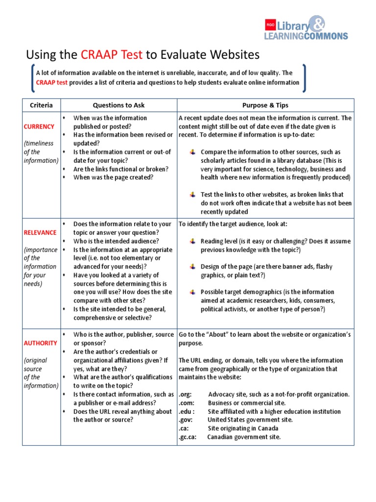 Craap Test: Using The To Evaluate Websites | PDF | Cognitive Science ...
