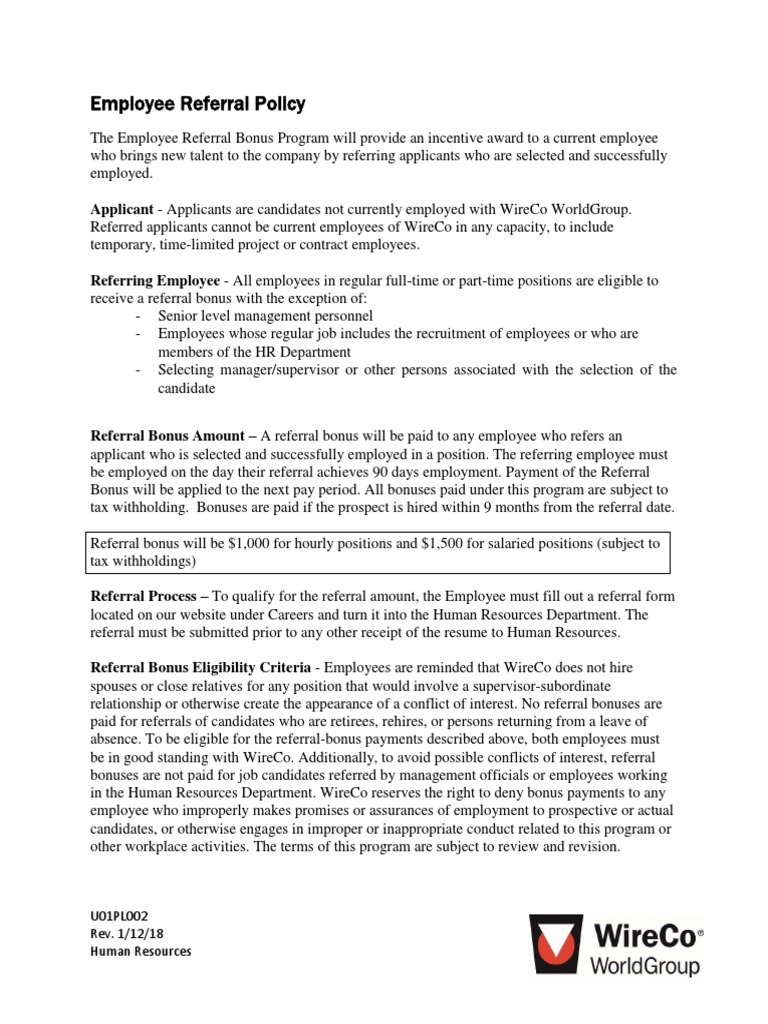 Employee Referral Bonus Program Policy | PDF | Employment | Recruitment