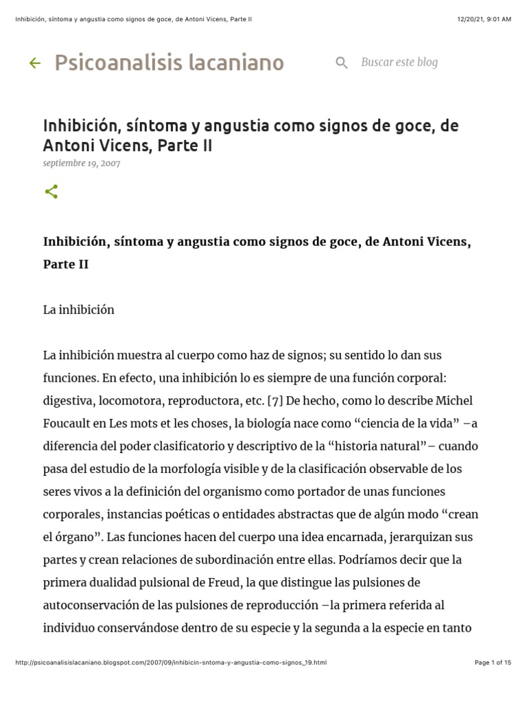 Inhibición y angustia en el goce lacaniano | PDF | Jacques Lacan | Neurosis