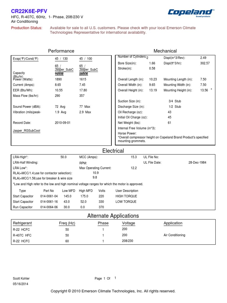 Copeland CR22K6E PFV 875 Submittal Sheet | PDF | Electricity | Electrical Engineering