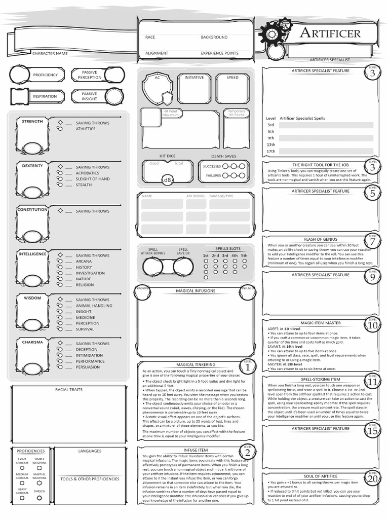 Character Sheet Artificer Fillable | PDF