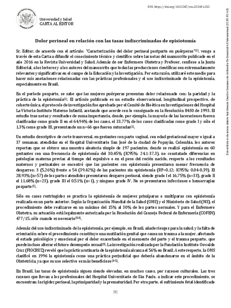 Dolor Perineal en Relación Con Las Tasas Indiscriminadas de Episiotomía ...