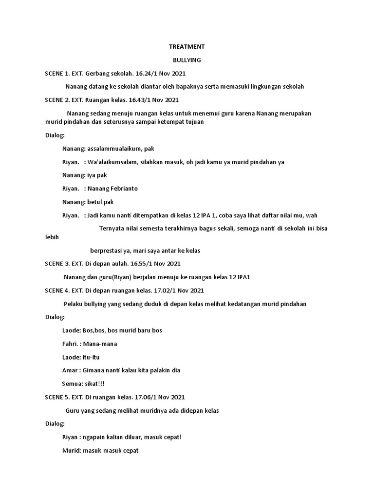 Contoh Treatment Naskah Bullying | PDF | Seni & Disiplin Bahasa