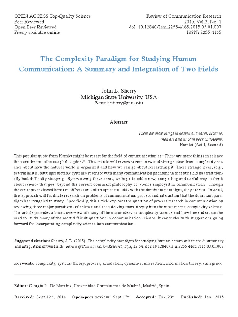 The Complexity Paradigm For Studying Human Communication: A Summary and ...