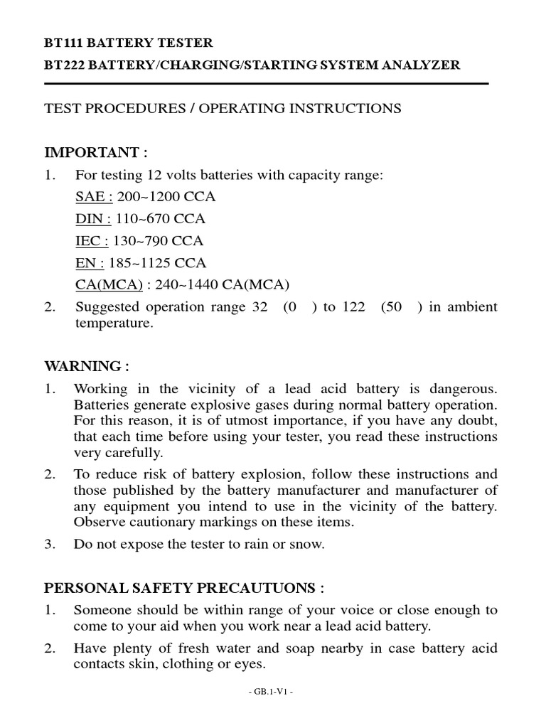 Important:: Bt111 Battery Tester Bt222 Battery/Charging/Starting System ...