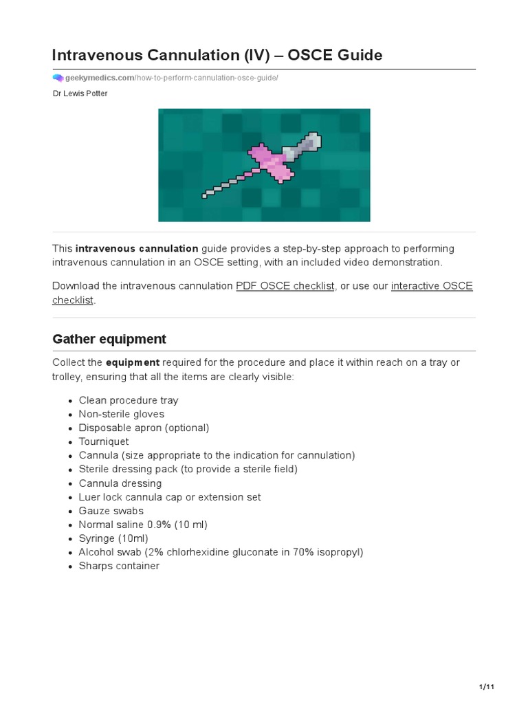 Intravenous Cannulation IV OSCE Guide | PDF | Intravenous Therapy | Medical Specialties
