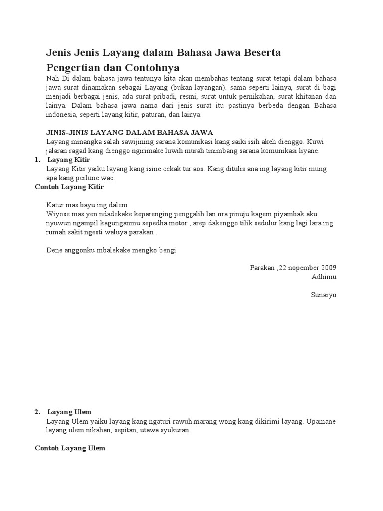 Jenis Jenis Layang Dalam Bahasa Jawa Beserta Pengertian Dan Contohnya | PDF