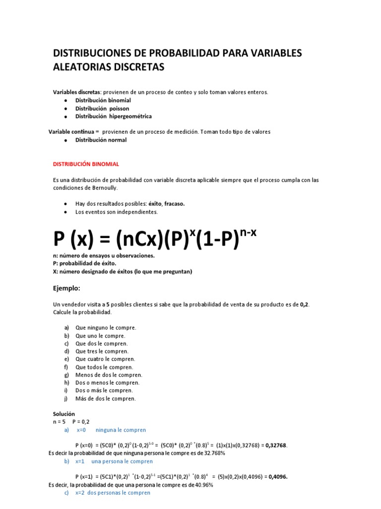Distribuciones de Probabilidad para Variables Aleatorias Discretas | PDF | Enseñanza de ...
