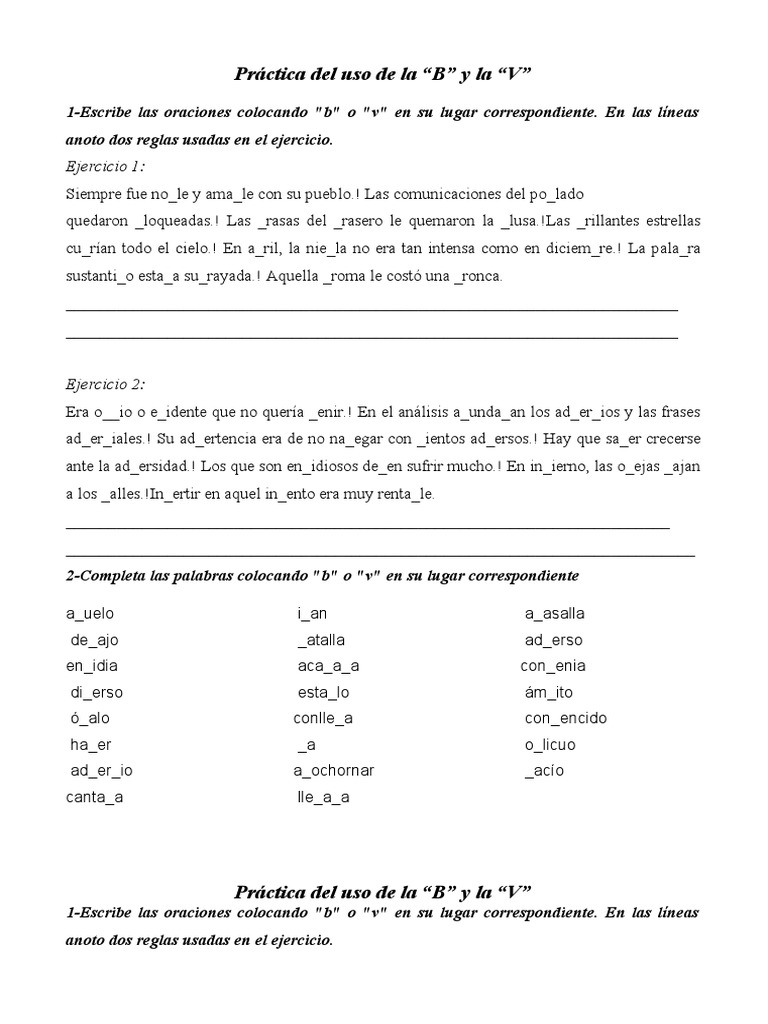 Práctica Del Uso De La B V Pdf Artes Del Lenguaje Y Comunicación