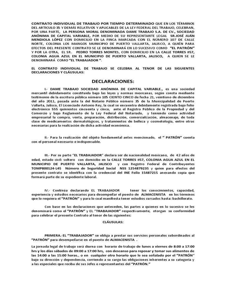 Contrato Individual de Trabajo Por Tiempo Determinado | PDF | Salario | México