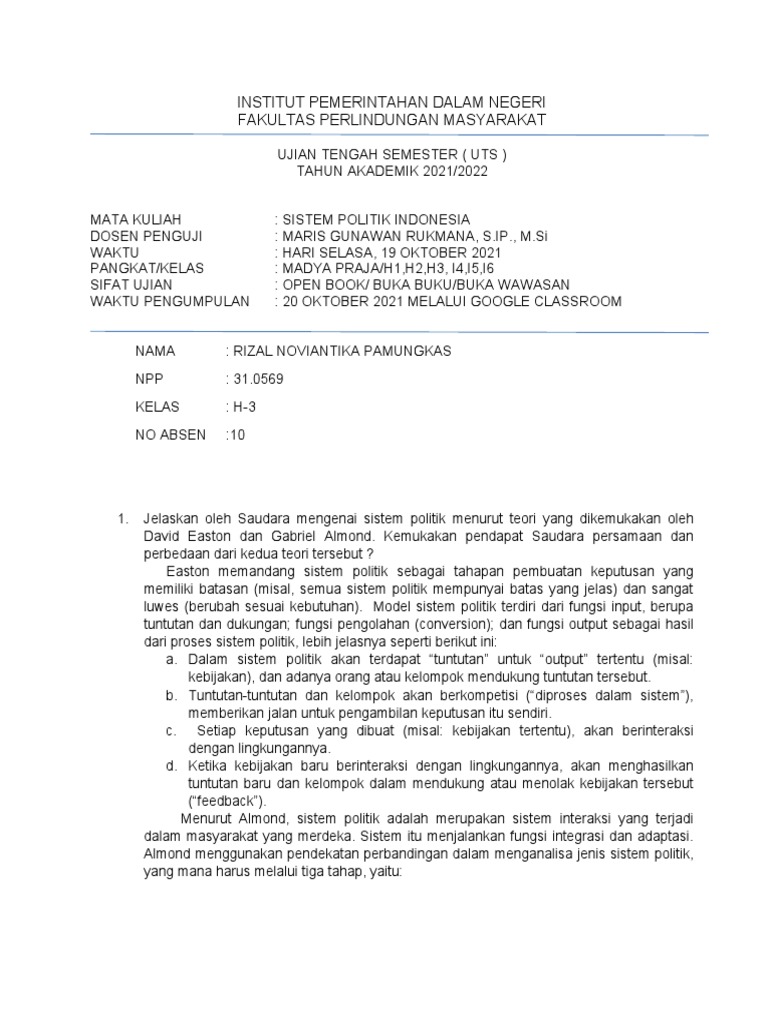 Uts Spi - Rizal Noviantika Pamungkas - 31.0569 - H3 - 10 | PDF | Politik