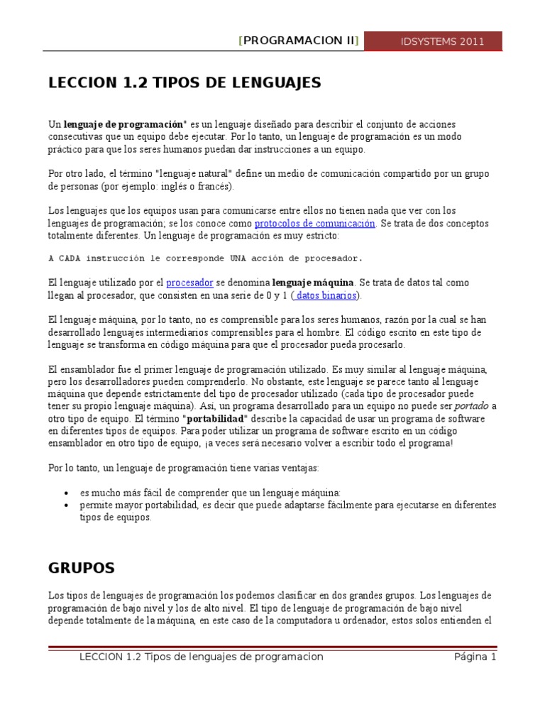 Leccion 1.2 Tipos de Lenguajes de Programacion | PDF | Bases de datos ...