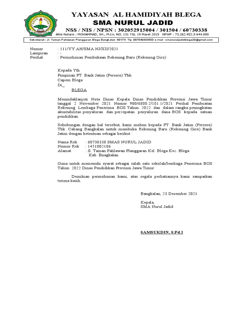 Surat Permohonan Pembukaan Rek. Giro 2021 | PDF