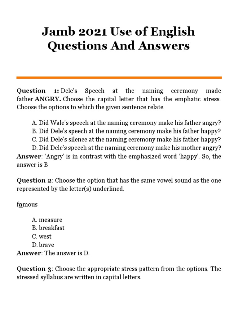 Jamb 2021 Use of English Questions and Answers | PDF | Stress ...