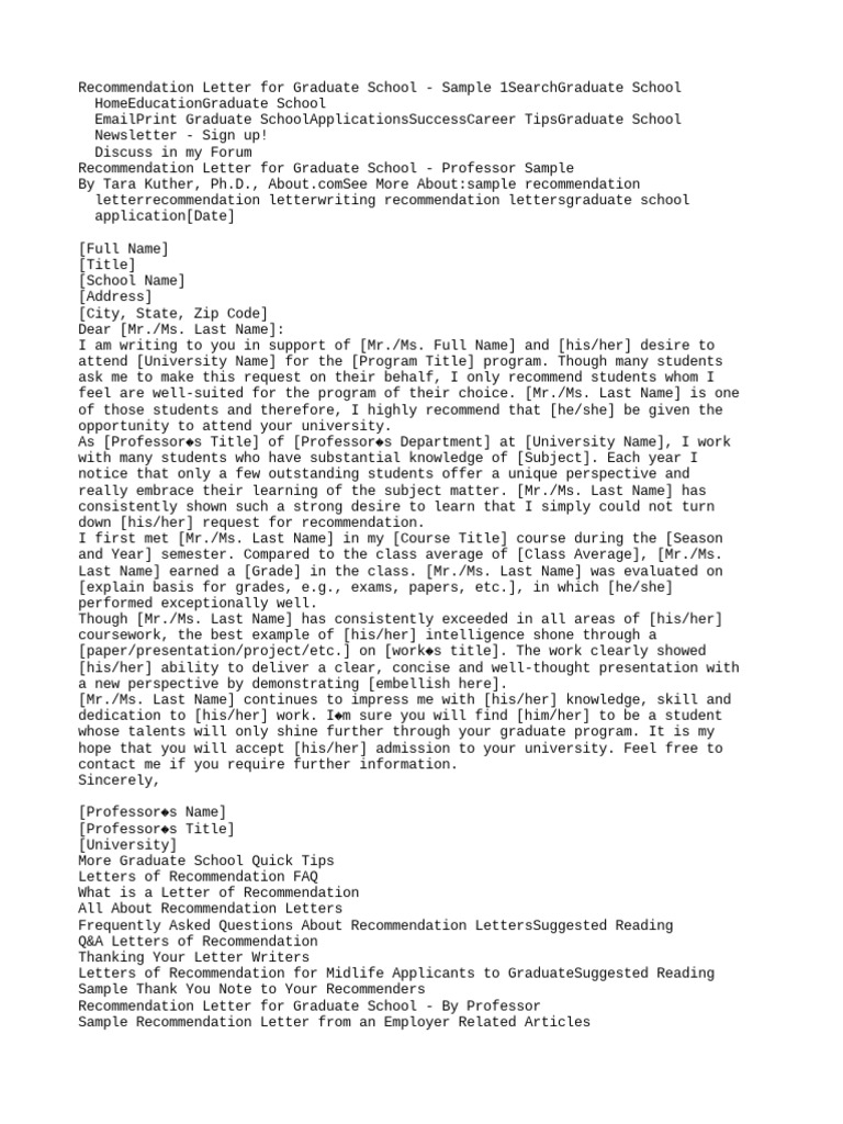 Recommendation Letter For Graduate School - Sample 1 | PDF | Graduate ...