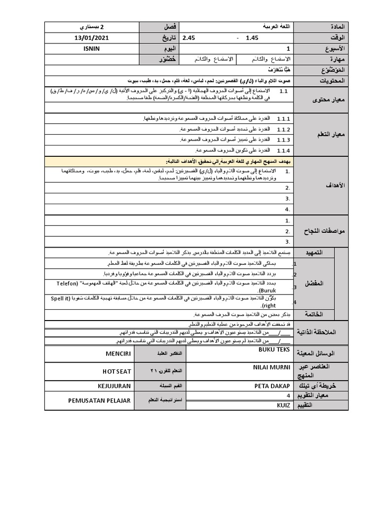 RPH Bahasa Arab TS25 | PDF