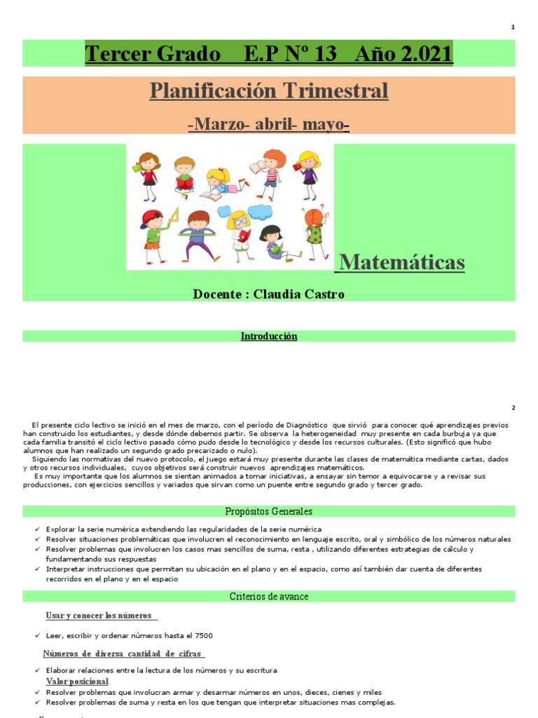 Planificación Matemática Tercer Grado 2021 | PDF | Sustracción | Escritura