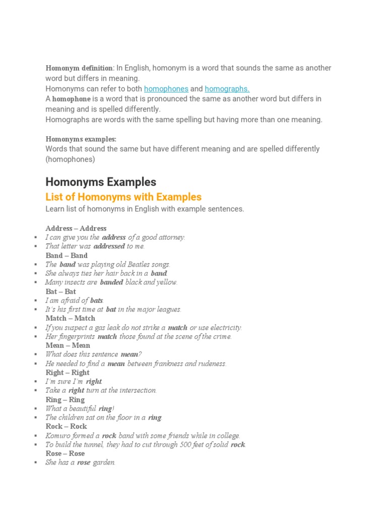 List of Homonyms With Examples | PDF