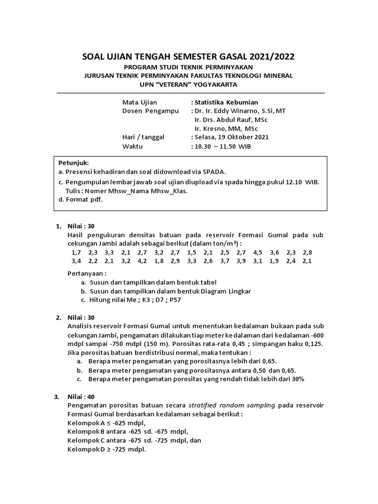 Soal UTS-TM - Statistika Kebumian - Gasal - 2021-2022 - 19.10.21 - 10.30 | PDF
