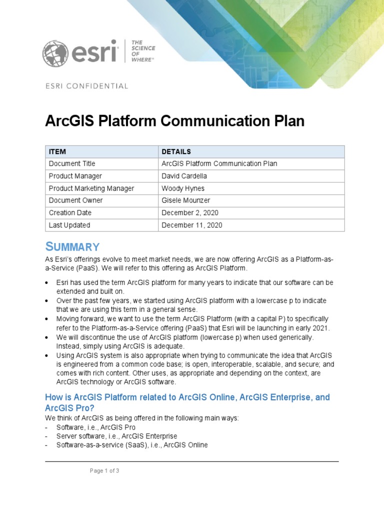 ArcGIS Platform Communication Plan | PDF | Arc Gis | Esri