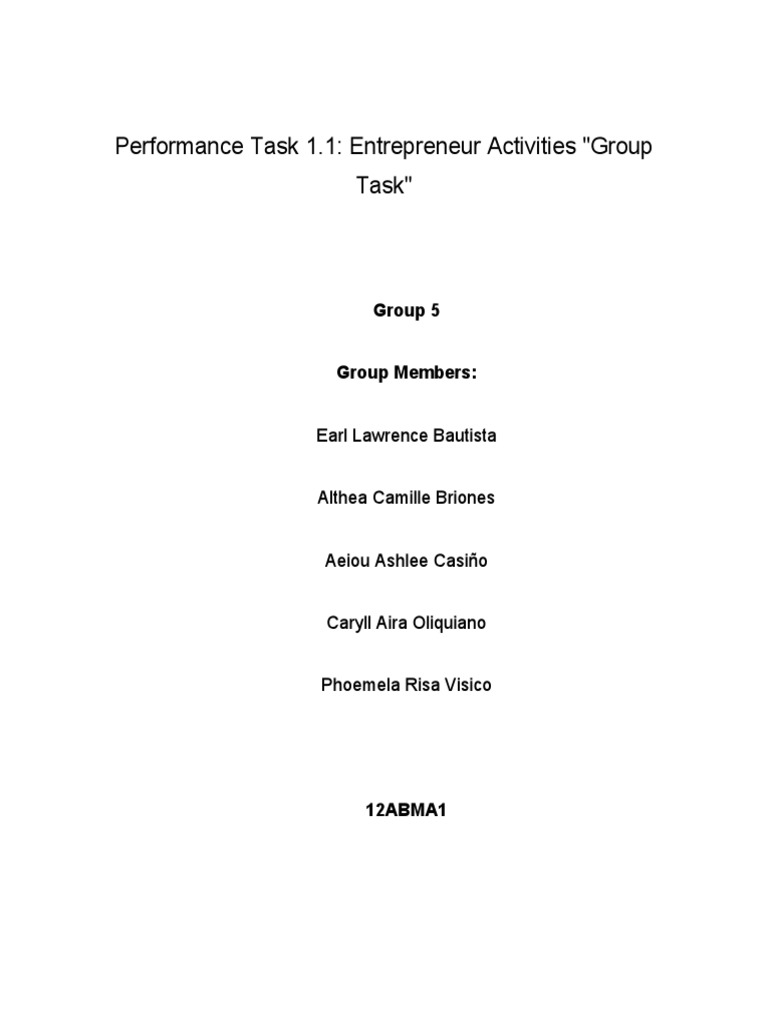 Performance Task 1.1: Entrepreneur Activities "Group Task" | PDF ...