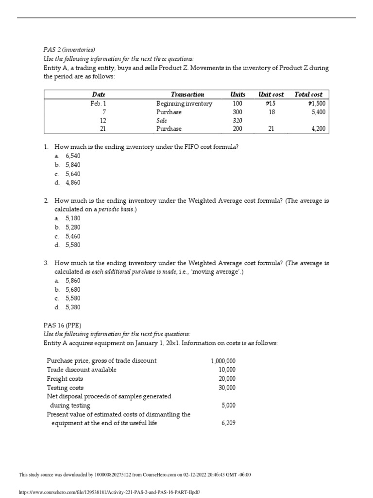 PAS 2 (Inventories) Use The Following Information For The Next Three ...