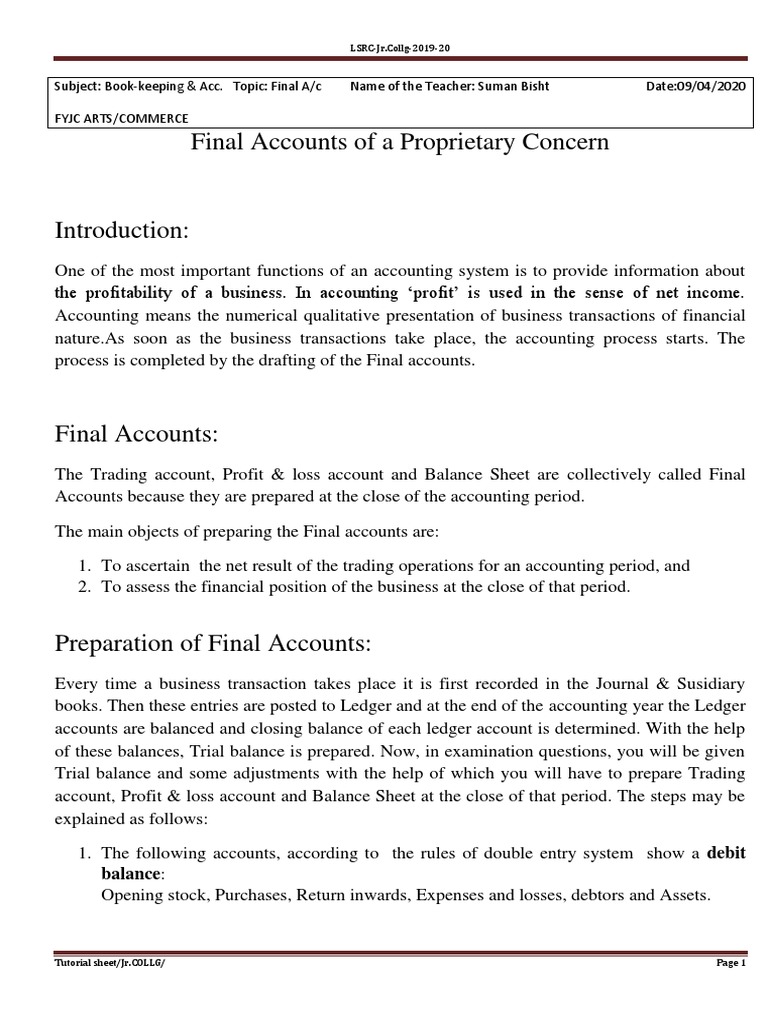 FYJC Book Keeping and Accuntancy Topic Final Account | PDF | Debits And ...