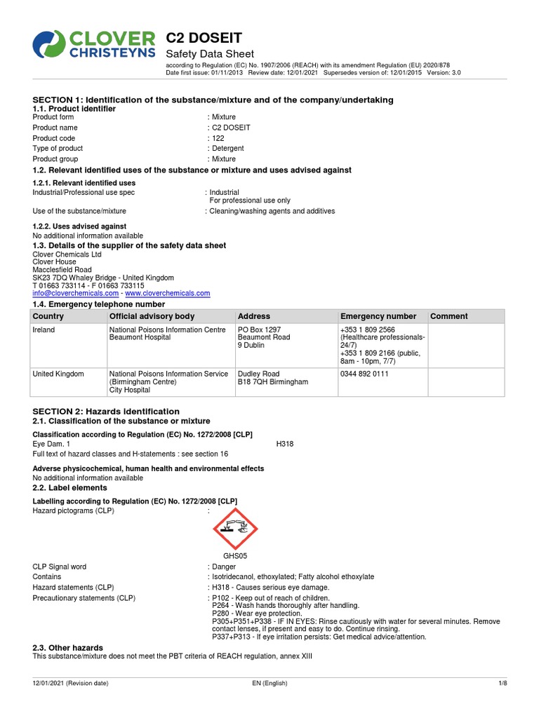 C2 Doseit: Safety Data Sheet | Download Free PDF | Toxicity | Dangerous ...