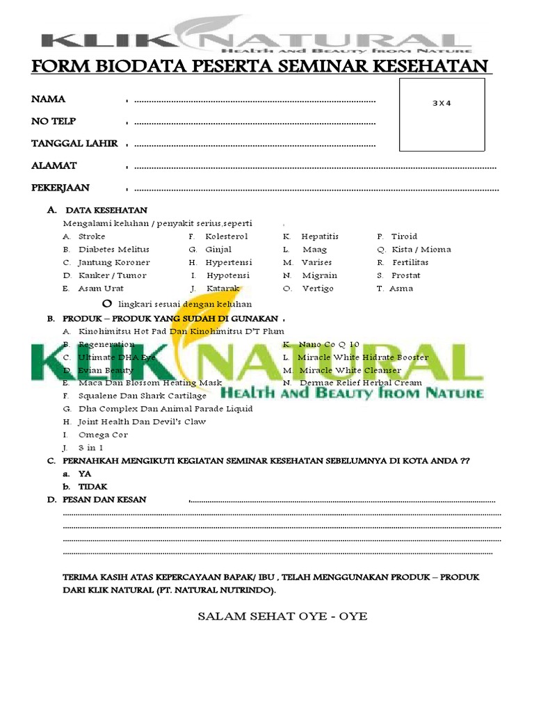 Form Biodata Peserta Seminar Kesehatan | PDF