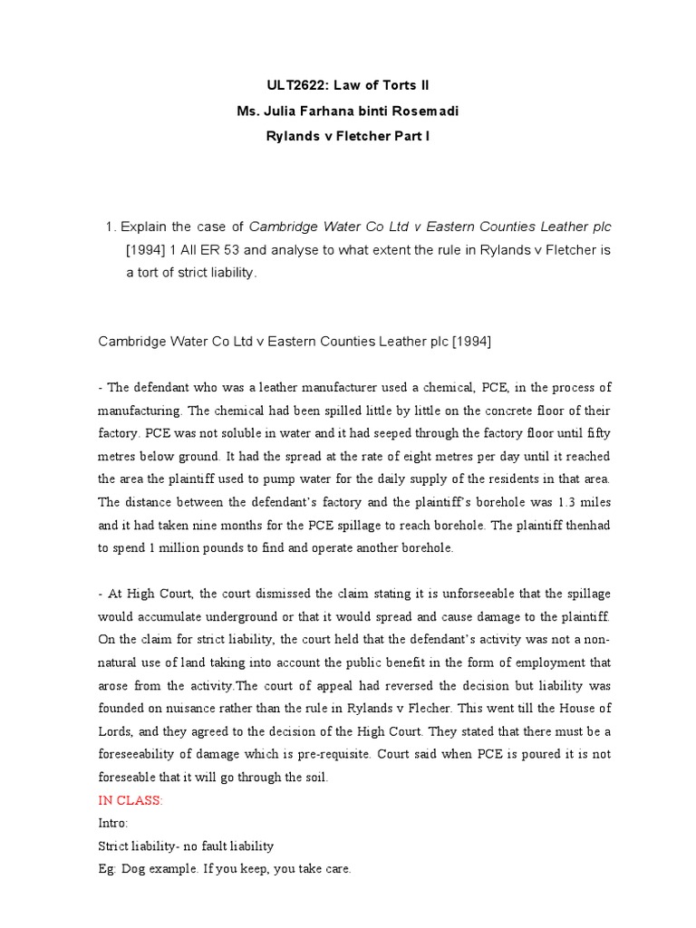 Tutorial ULT2622 (Rylands V Fletcher Part I) | PDF | Justice | Civil ...