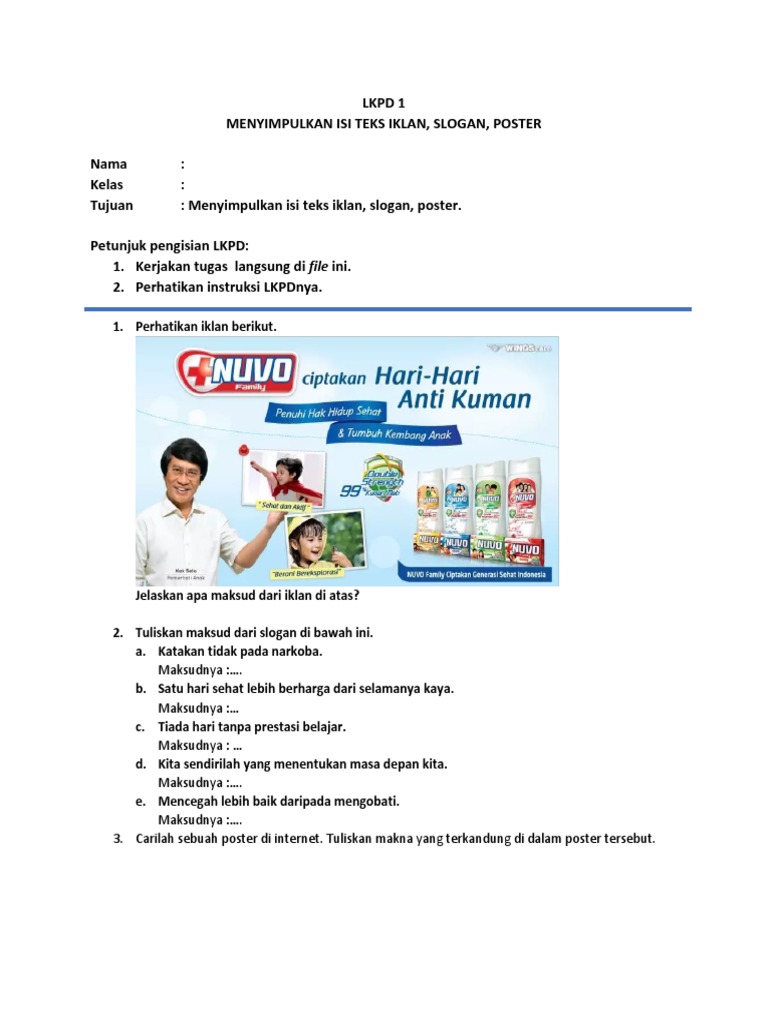 LKPD 1 Menyimpulkan Isi Teks Iklan, Slogan, Poster - Decha Kania M (07) 8A | PDF | Seni