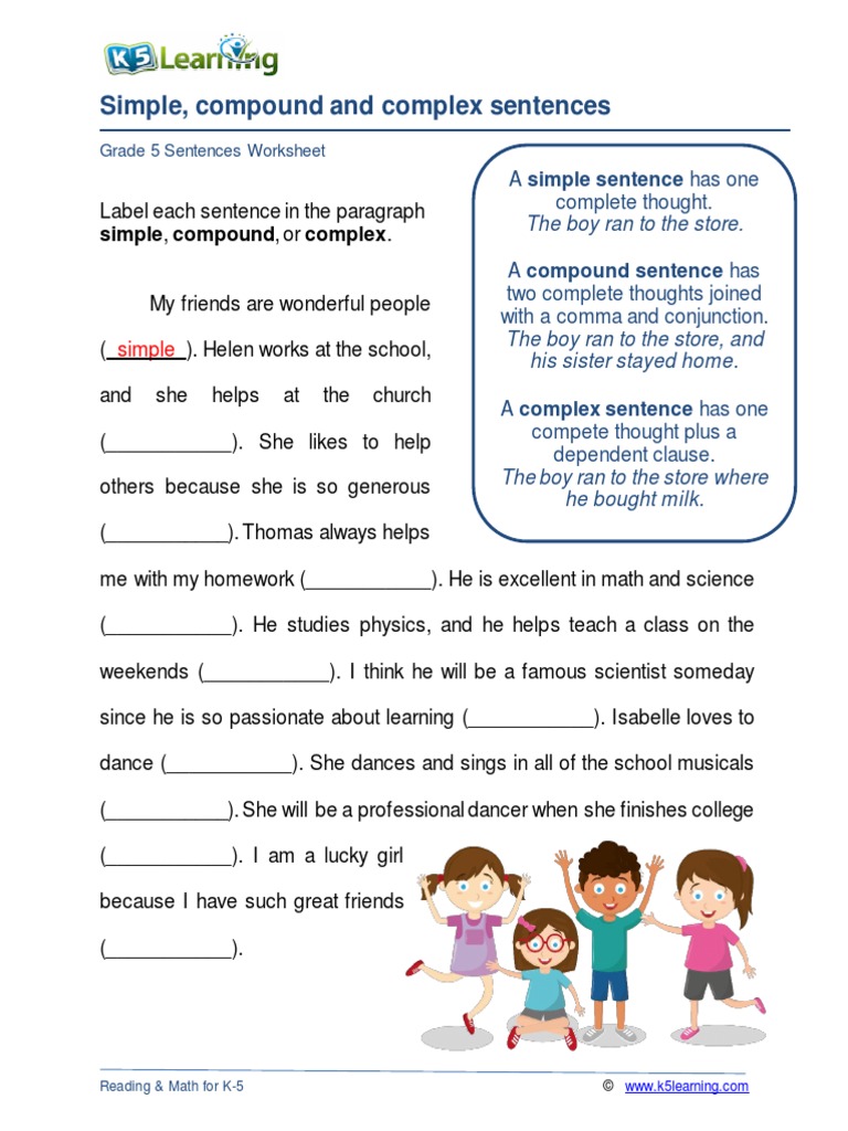 Grade 5 Simple Compound Complex Sentences B | PDF | Syntax | Linguistic ...