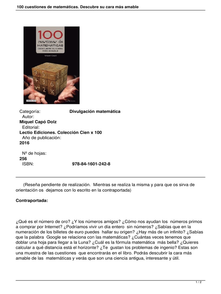 Matemáticas: 100 Cuestiones Amables | PDF | Métodos y materiales de ...