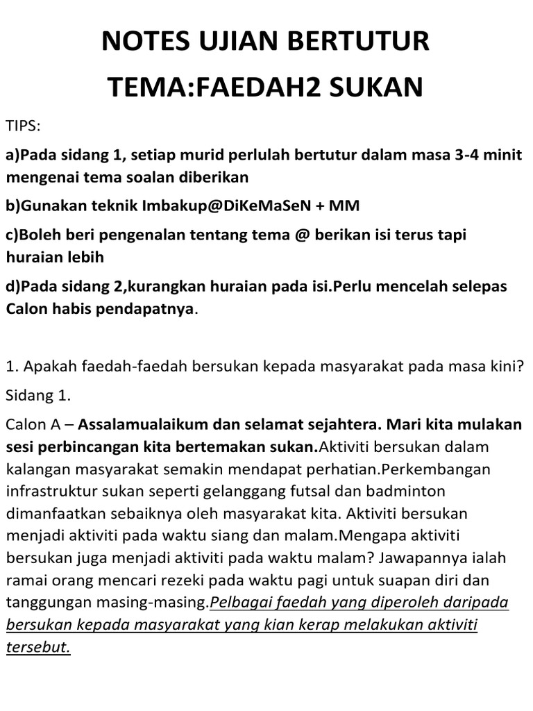 Nota Ujian Bertutur Faedah Sukan by Wanz - Zett | PDF | Olahraga & Rekreasi