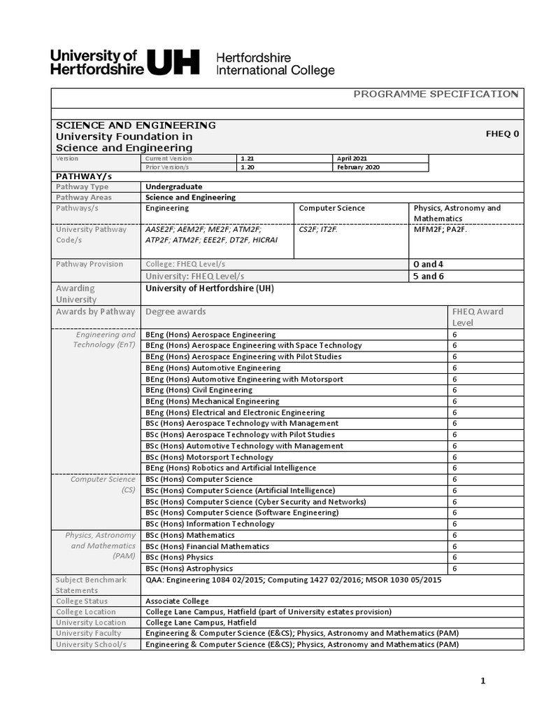 HIC Programme Specification For Foundation in Science & Engineering HIC - April 2021 | PDF ...