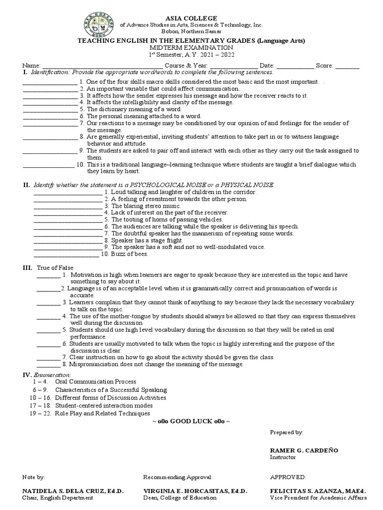 TEACHING ENGLISH IN THE ELEMENTARY GRADES Language Arts Midterm ...