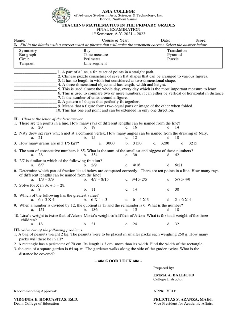 Primary Grades Math Exam 2021-2022 | PDF | Shape | Length