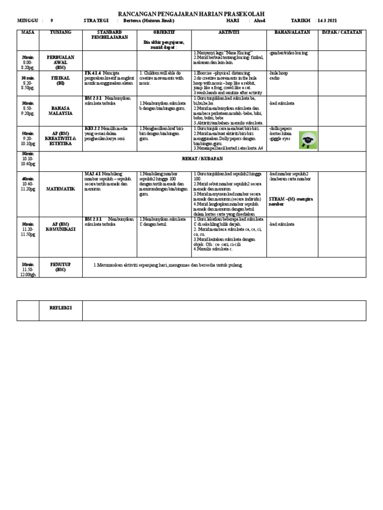 Rancangan Pengajaran Harian Prasekolah | PDF