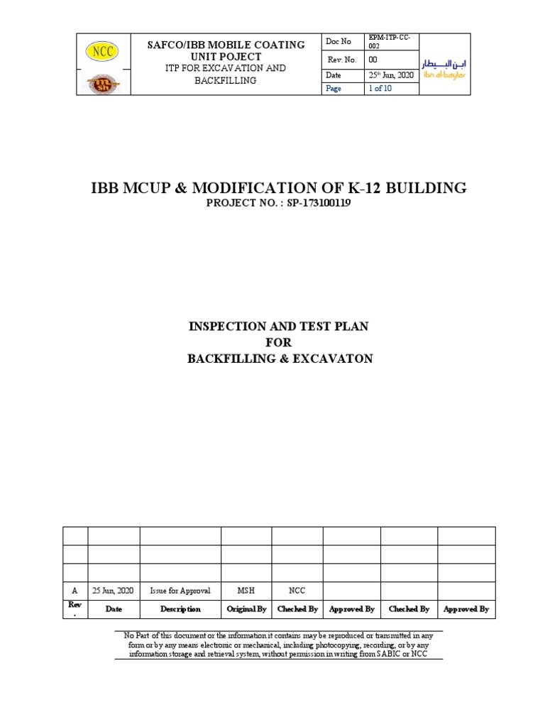 ITP Excavation & Backfilling For MCUP | PDF | Specification (Technical ...