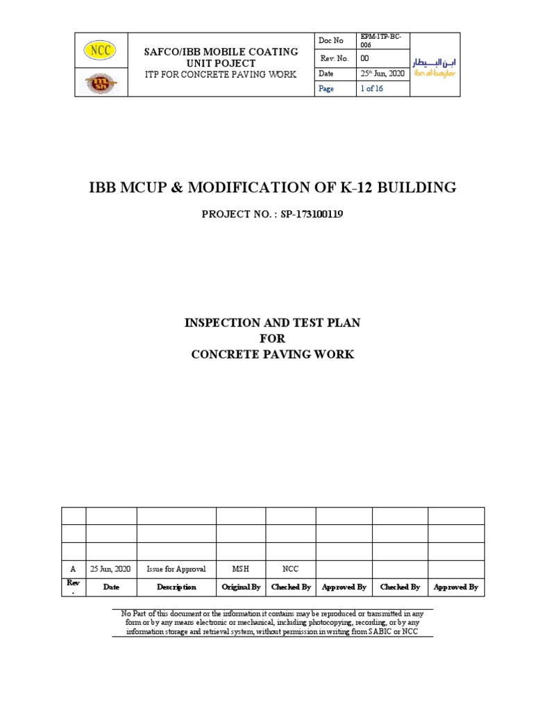 ITP For Concrete Paving Work | PDF | Concrete | Specification (Technical Standard)