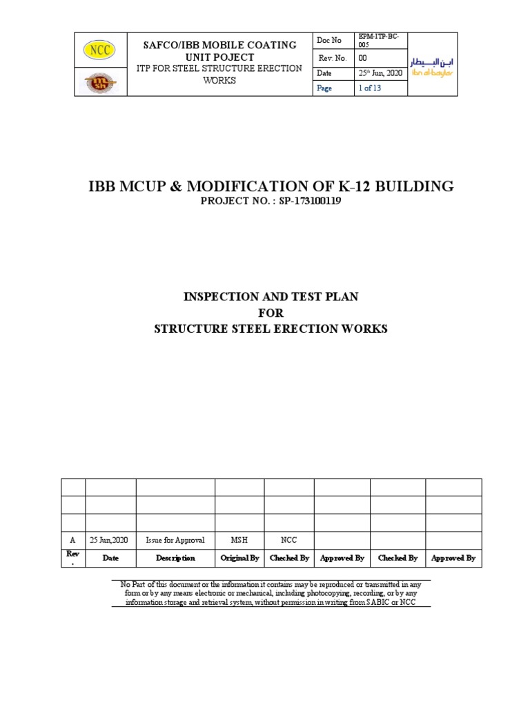 ITP For Structure Steel Erection Works | PDF | Specification (Technical ...