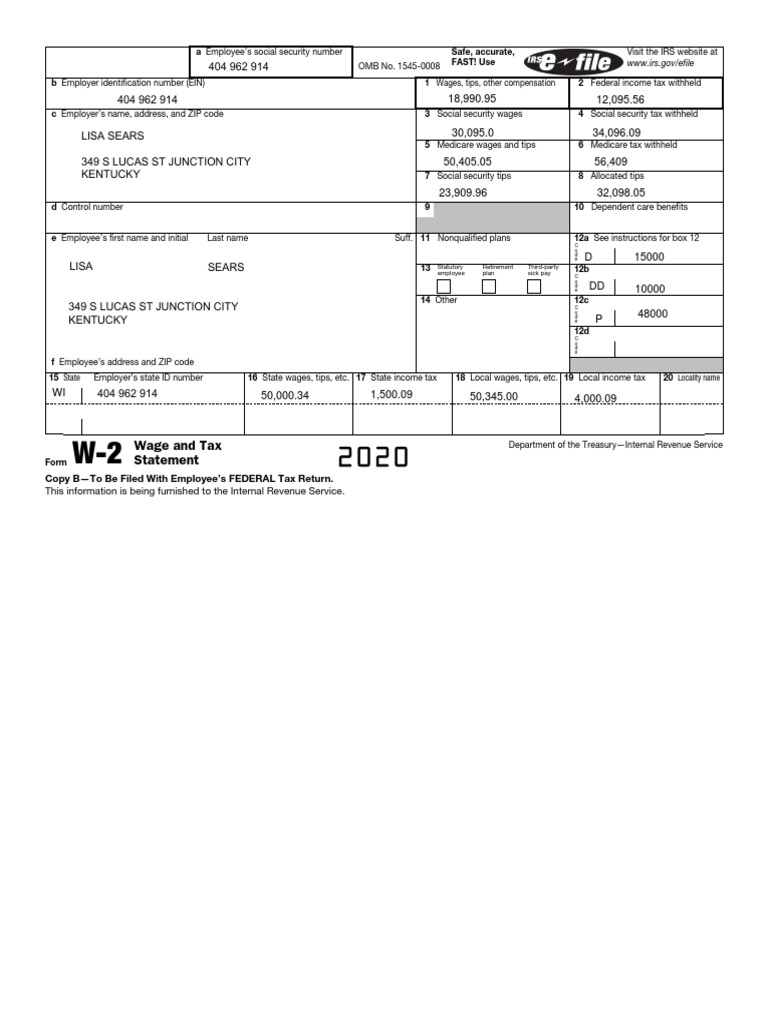 Wage and Tax Statement: OMB No. 1545-0008 Visit The IRS Website at ...