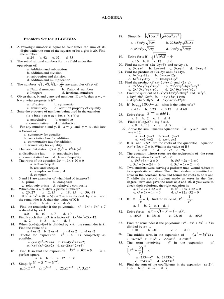 Gmas Algebra - Problem Set | PDF | Factorization | Logarithm