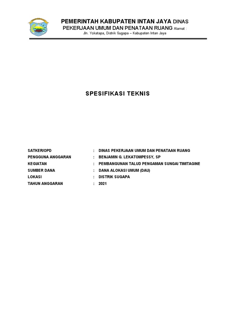 Spesifikasi Teknis Pembangunan Talud Pengaman Sungai Timitagine | PDF