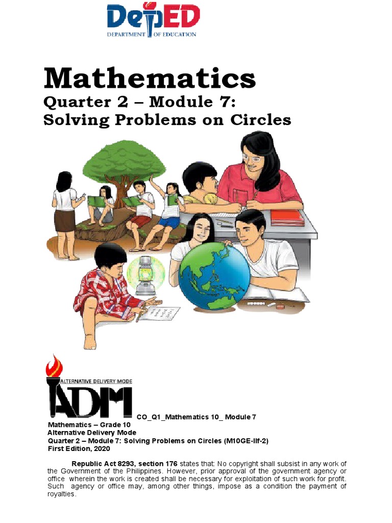 Math10 Quarter2 Module7 Solving Problems On Circles Pdf Circle Angle