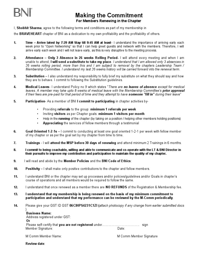 Renewing Members Commitment Sheet (BNI GGN Oct 19) | PDF