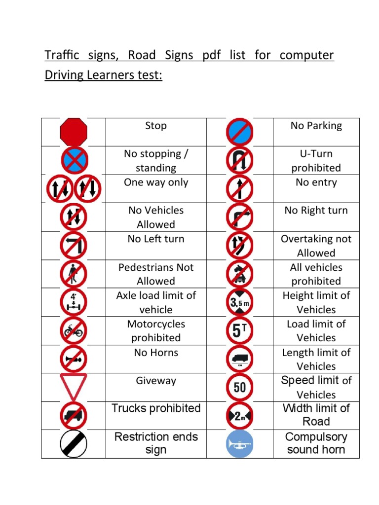 Traffic Signs, Road Signs PDF List For Computer Driving Learners Test ...
